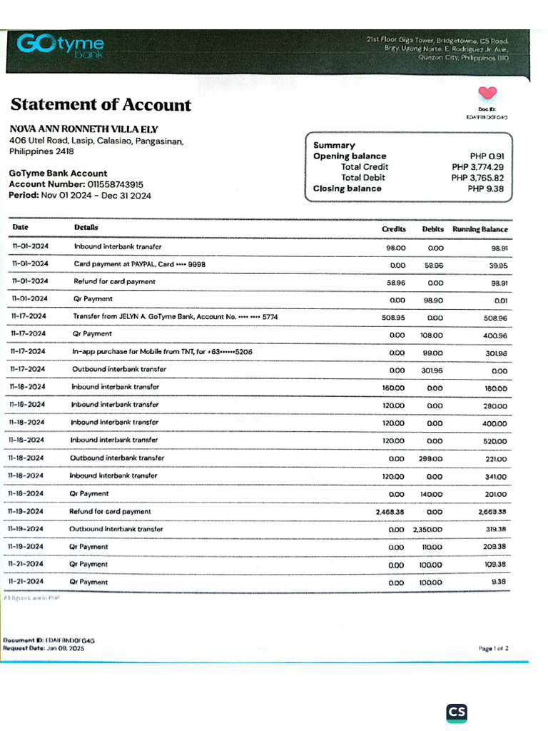 Gotyme Billing Statement | PDF