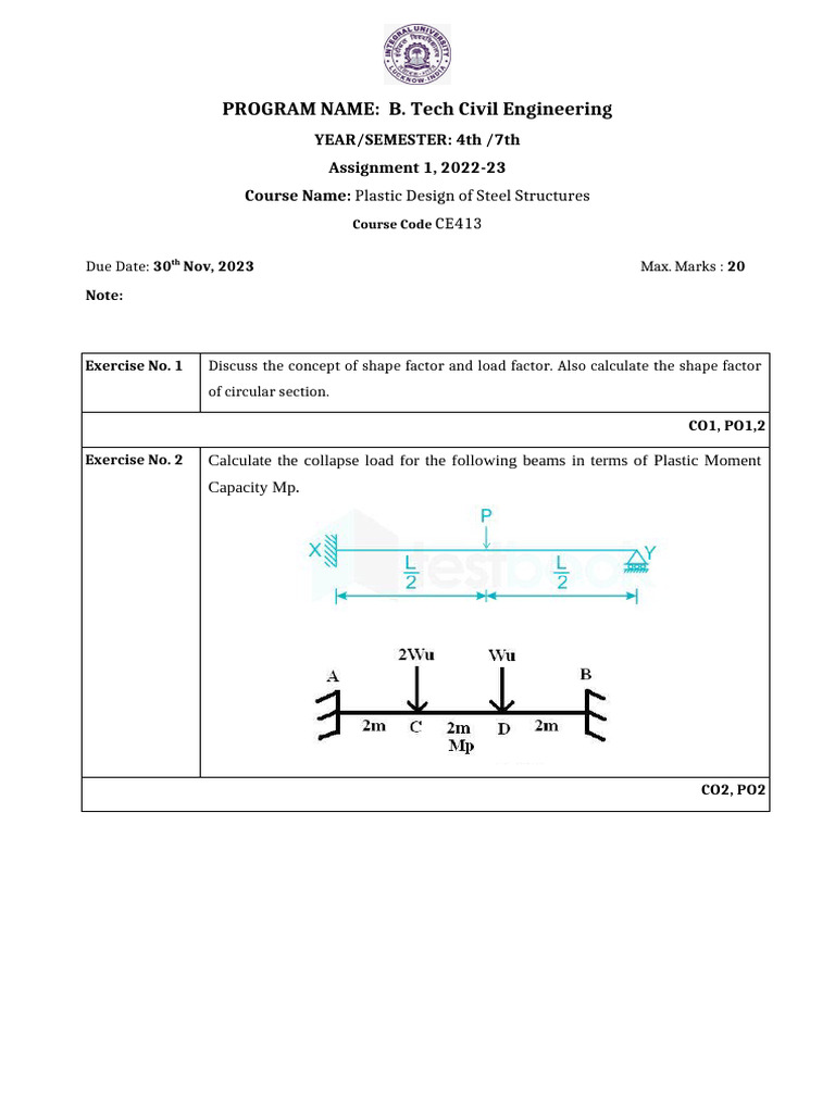 Plastic Design Assignment 1 B. Tech IV Year | PDF