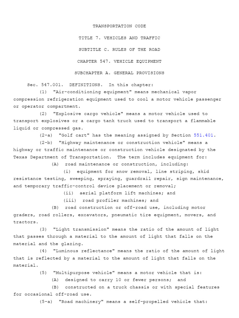 Transportation Code Chapter 547. Vehicle Equipment | PDF | Headlamp ...