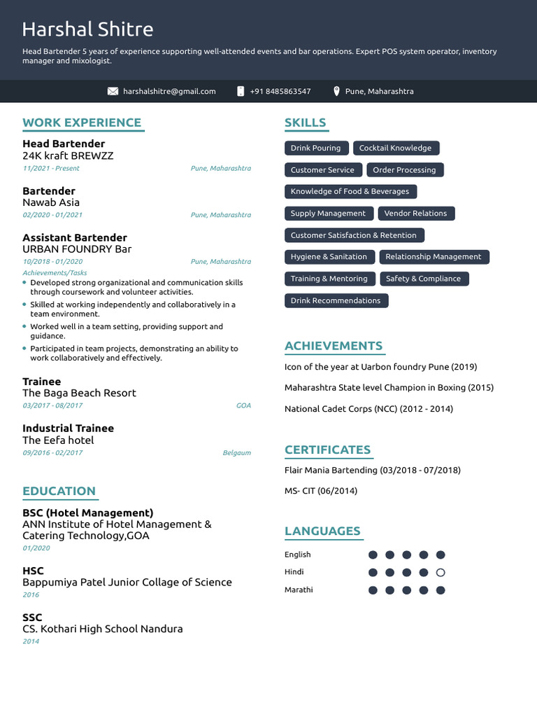 Harshal's Resume (1) | PDF | Bartender | Bartending