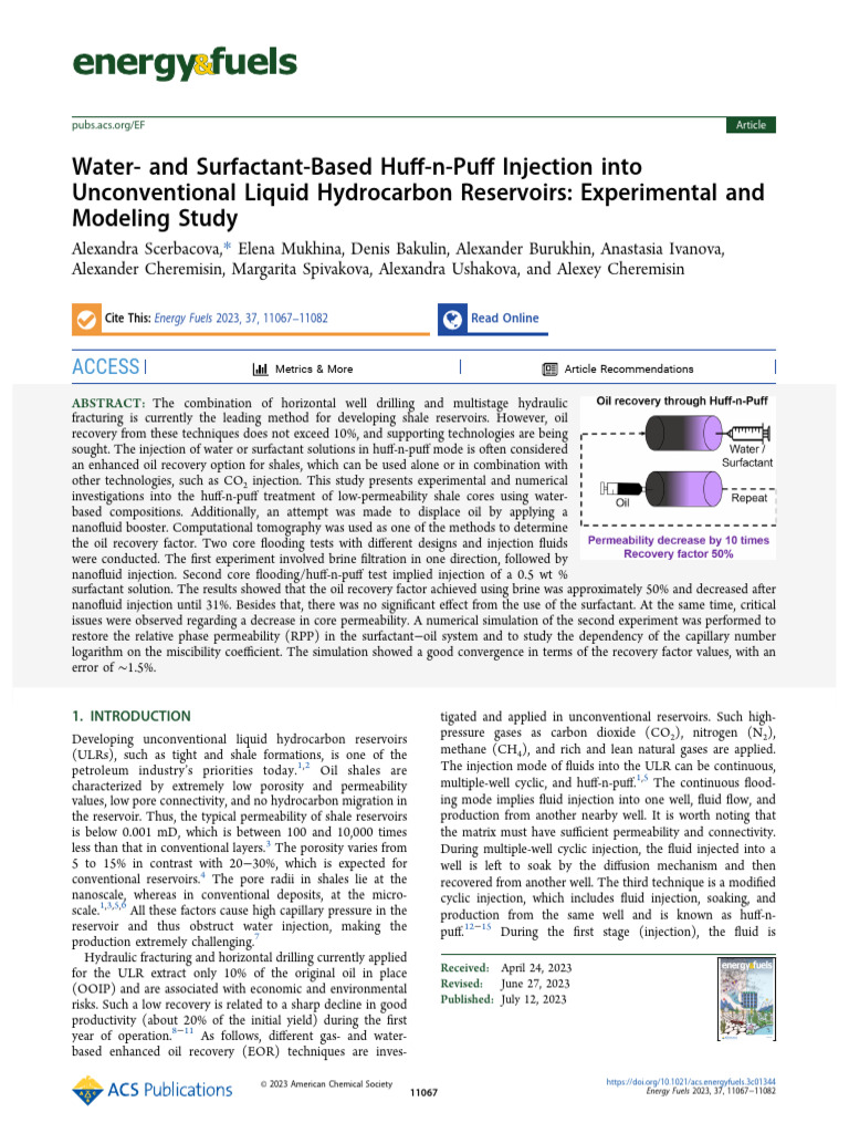 Scerbacova Et Al 2023 Water and Surfactant Based Huff N Puff Injection ...