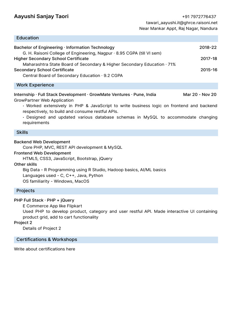 Aayushi Taori's IT Resume & Skills | PDF