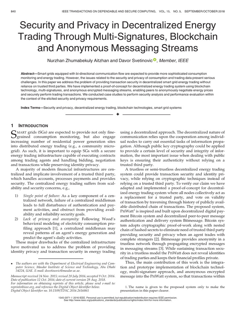 Aitzhan e Svetinovic - 2018 - Security and Privacy in Decentralized Energy Trading Through Multi ...