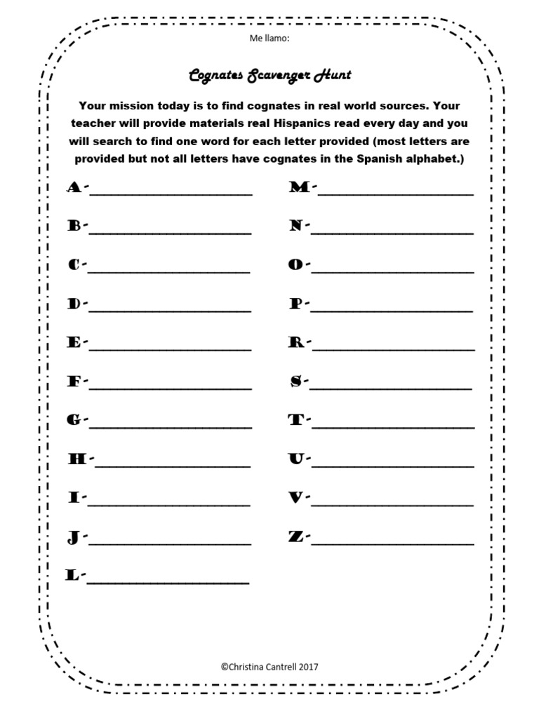 Cognates Scavenger Hunt: Me Llamo | PDF