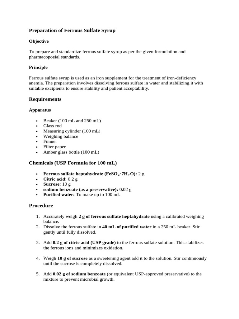 Preparation of Ferrous Sulfate Syrup | PDF