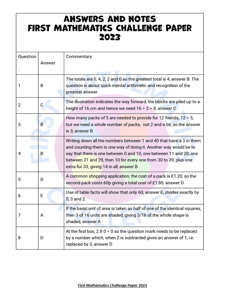 First Math Challenge Answers Notes 2023 | PDF | Numbers | Length