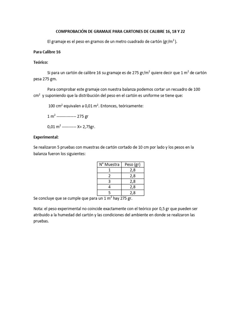 Comprobación de Gramaje en Cartones | PDF