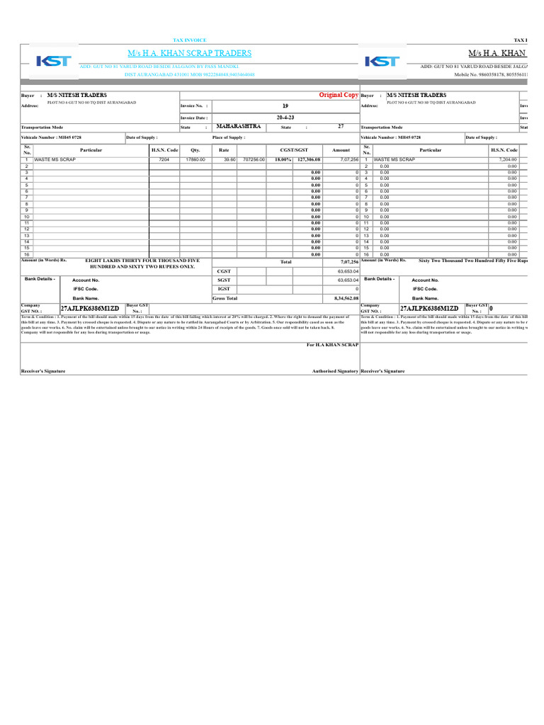 Tax Invoice for H.A. Khan Scrap Traders | PDF | Payments