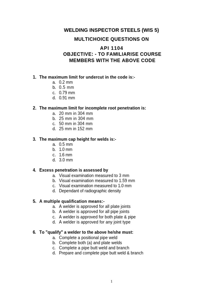 API 1104 - WELDING INSPECTOR STEELS (C) | PDF | Welding | Construction