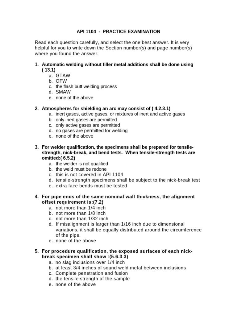 Api 1104 - Practice Examination - 1 | PDF | Welding | Construction