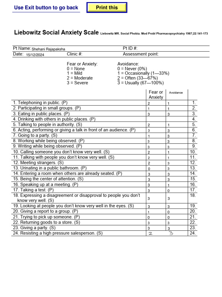 Liebowitz Social Anxiety Scale Assessment | PDF | Social Anxiety ...