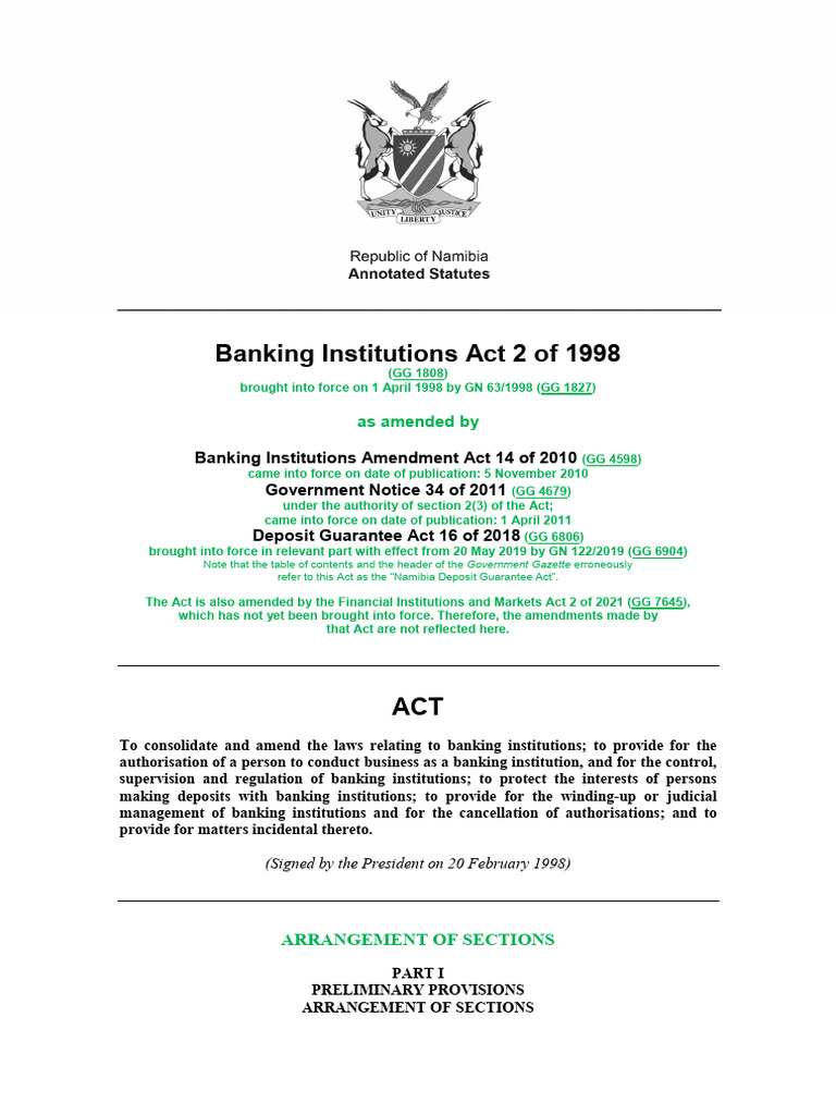 Banking Institutions Act 2 of 1998 | PDF | Banks | Money