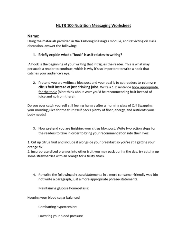 NUTR 100 Messaging Worksheet | PDF