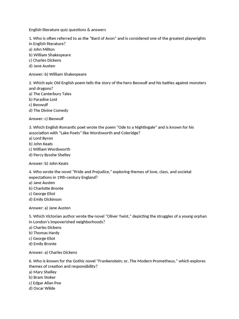 English Literature Quiz Questions | PDF | Poetry | English Literature
