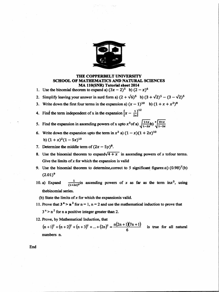 MA - 110 (SNR) Tutorial Sheet 7 (Binomials & Matrices) | PDF