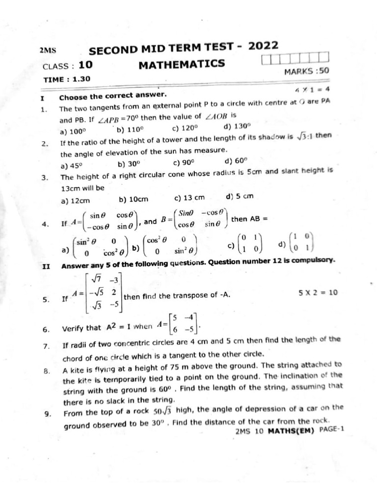 10th Maths 2nd Mid Term Exam 2022 Original Question Paper Salem ...