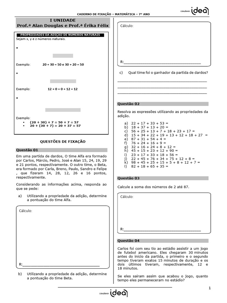 i Unidade - 7º Ano - (Erika e Alan) - 2025 | PDF | Cálculo | Salário mínimo