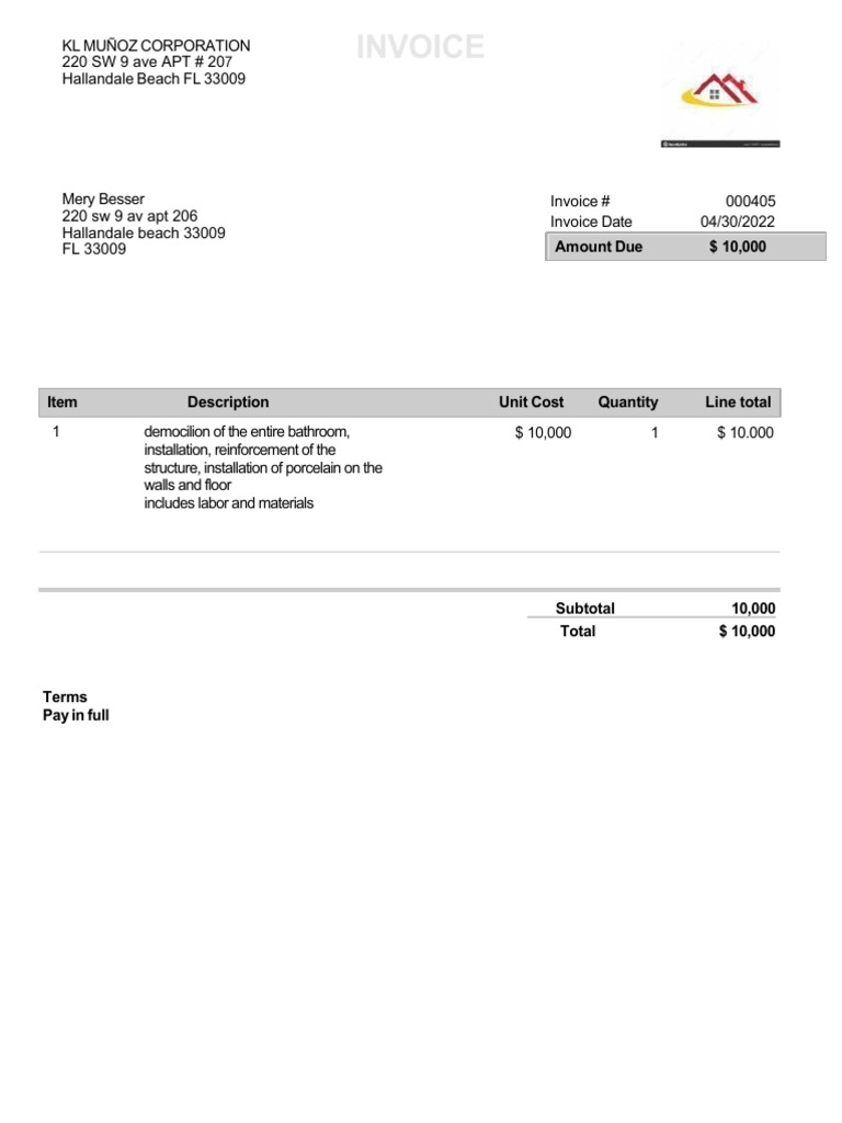 Bathroom Renovation Invoice #000405 | PDF