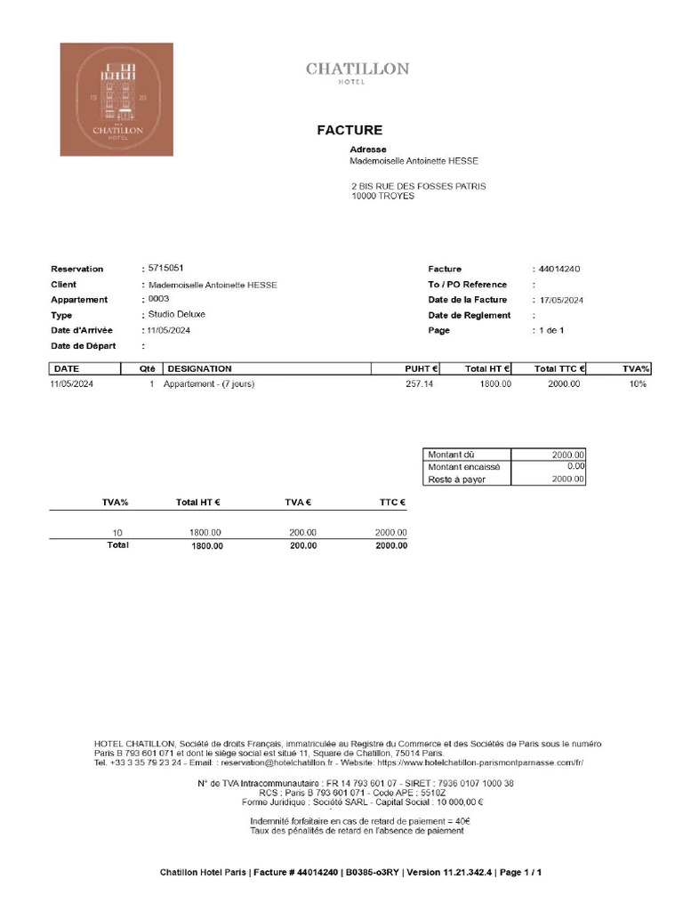 Facture Hotel Chatillon | PDF