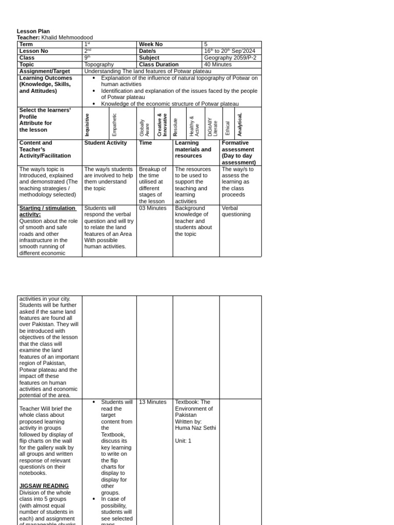 Lesson 2 Term 1 WK 5 LPs O'level Geography - Potwar Plateau | PDF ...