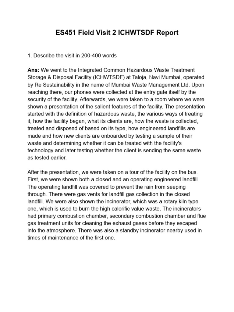 20d180037 ES451 FieldVisit2 ICHWTSDF Report Tharun | PDF | Incineration | Waste
