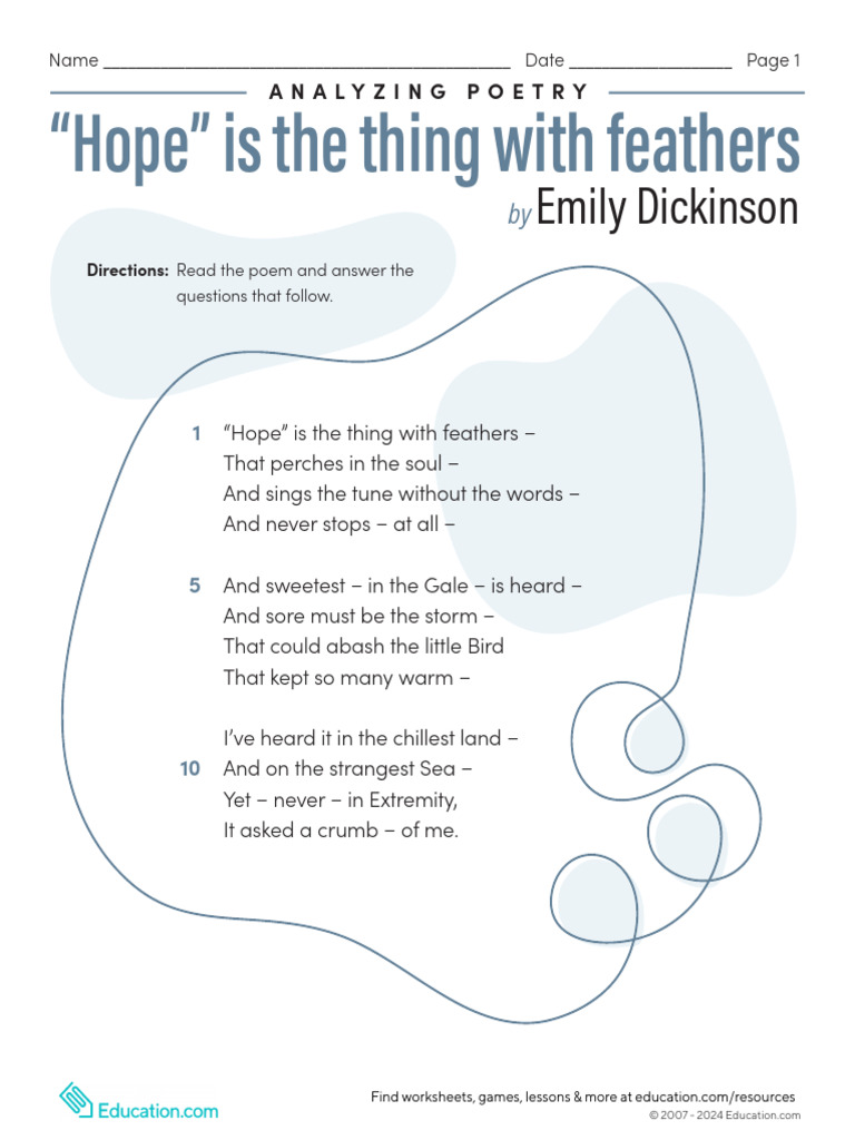 Analyzing Poetry Hope Is The Thing With Feathers by Emily Dickinson ...