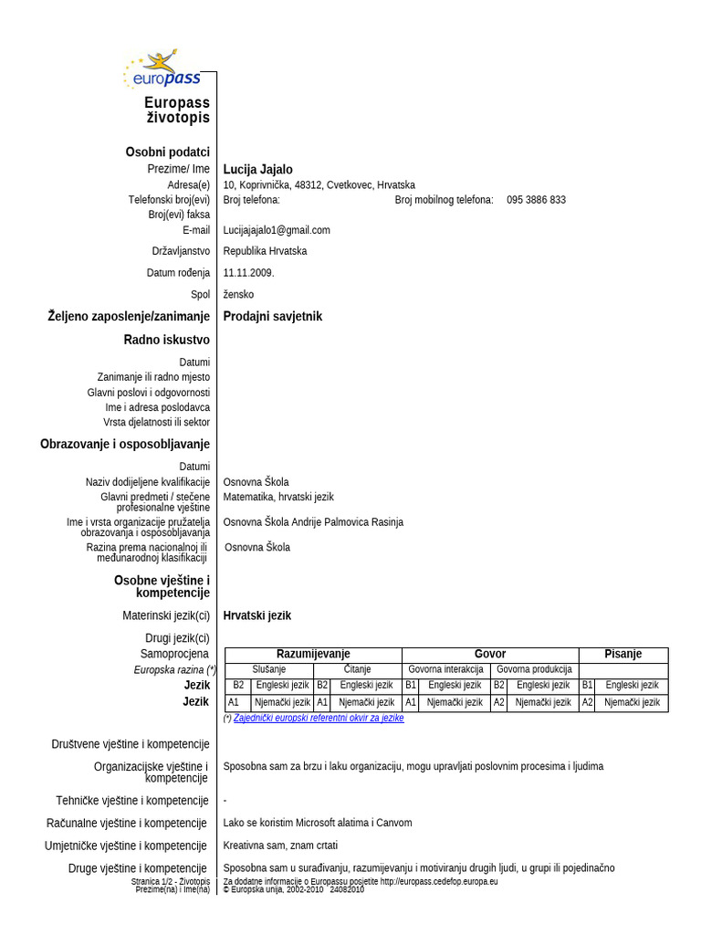 Europass Zivotopis Obrazac | PDF