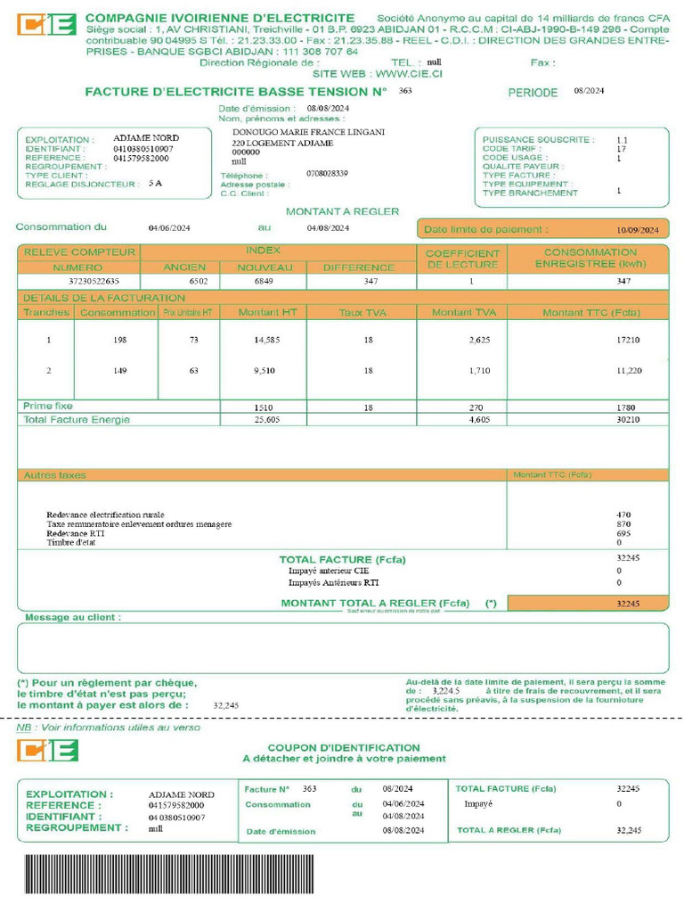 FACTURE_CIE_ MLLE LINGANI | PDF