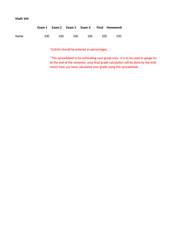 Math 104 Grade Check Form - For Canvas | PDF