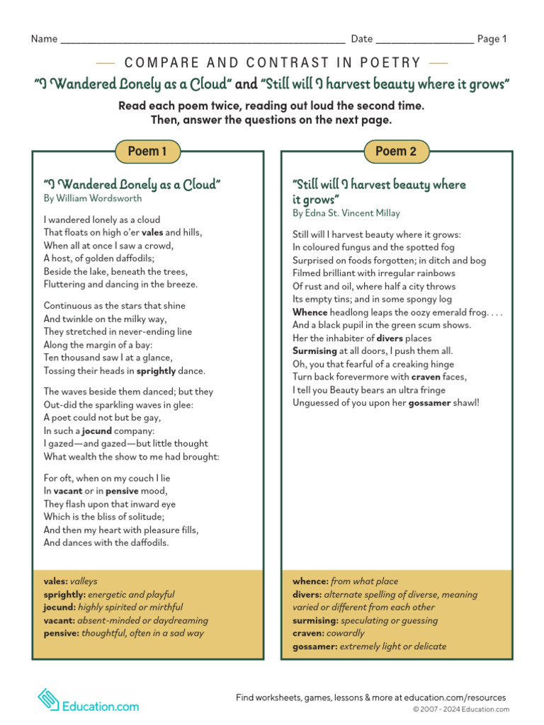 Compare and Contrast in Poetry I Wandered Lonely As A Cloud and Still ...