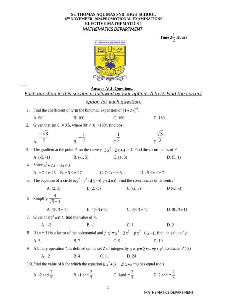 2024 November Elective Maths Q | PDF | Mathematics