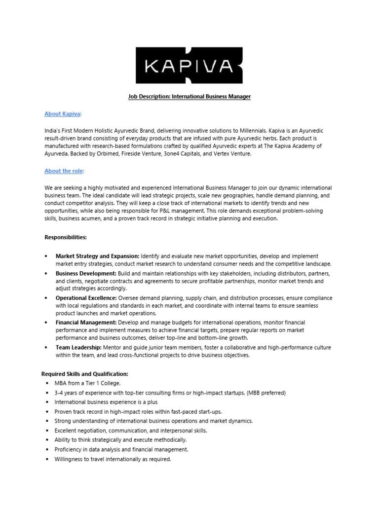 JD for IB Manager (2) | PDF | Business | Startup Company