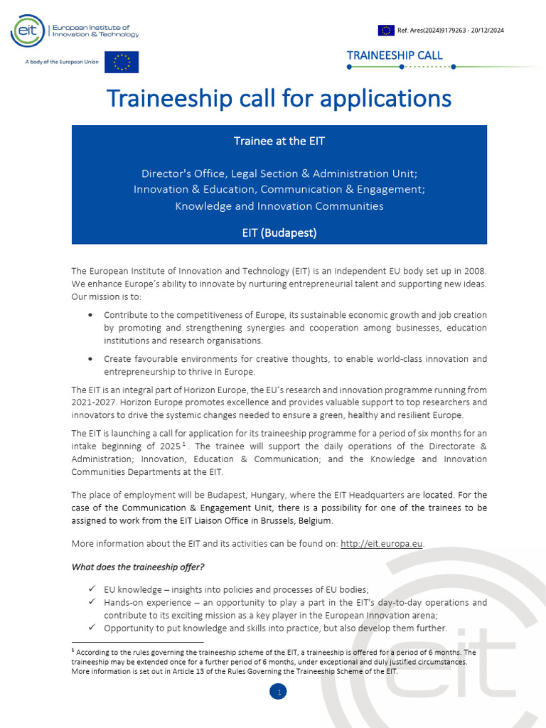 EIT - Call For Applications - Trainees - EIT - TR - .2024.19 | PDF | Business