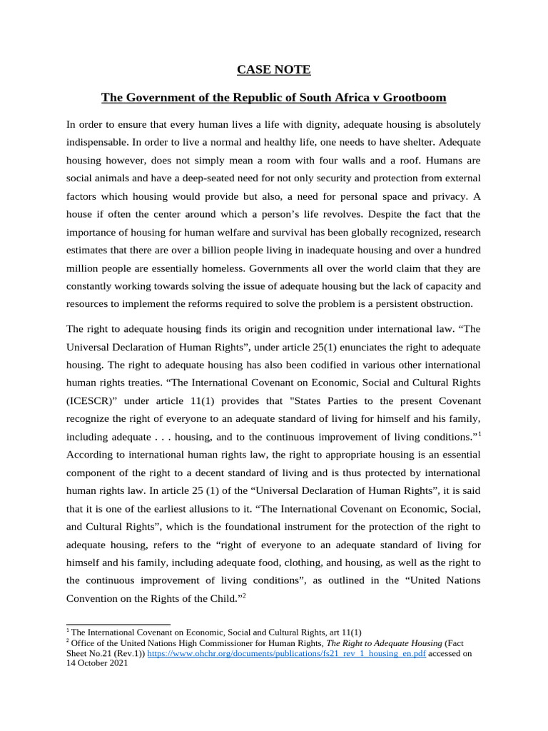 Case Note SA V Grootboom Copy 2 | PDF | Right To Housing | Government