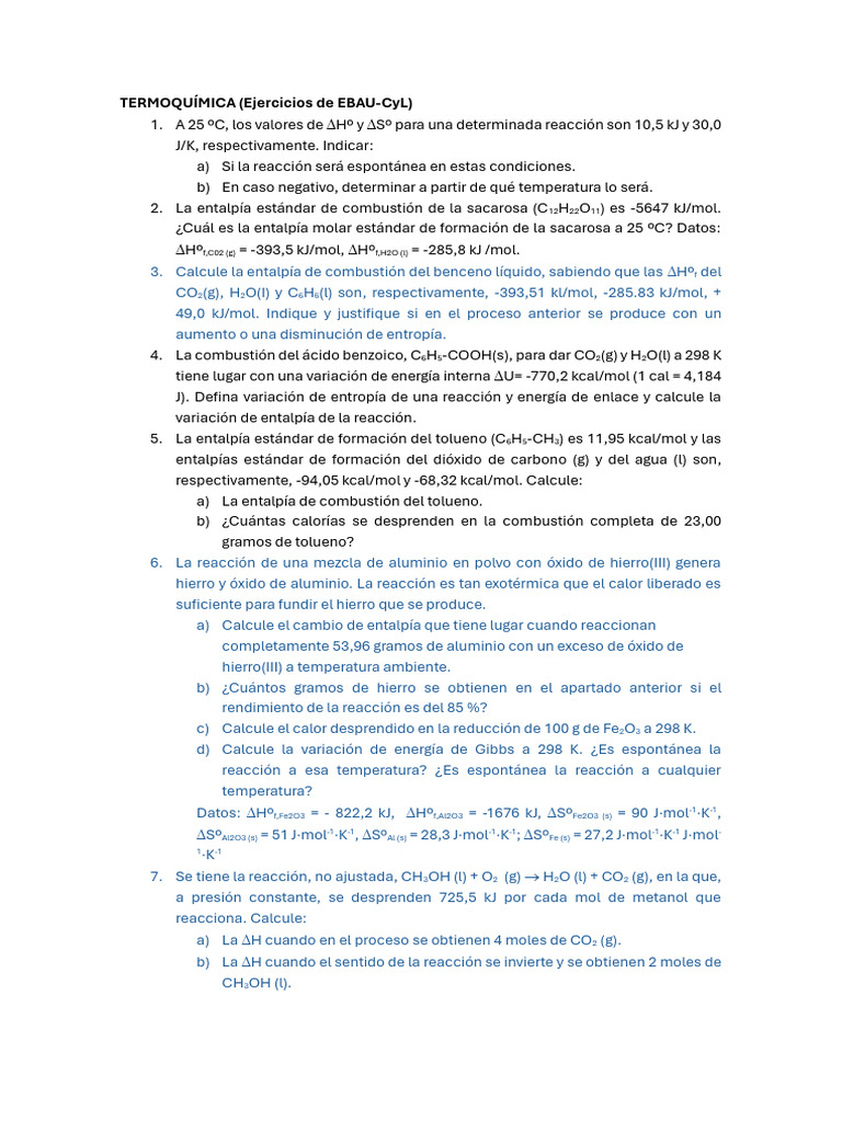 Ejercicios Termo | PDF | Entalpía | Combustión