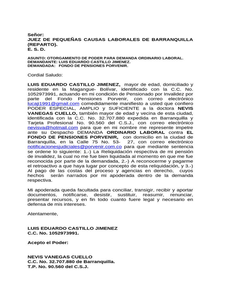 Poder Luis Eduardo Castillo, Demanda Laboral | PDF