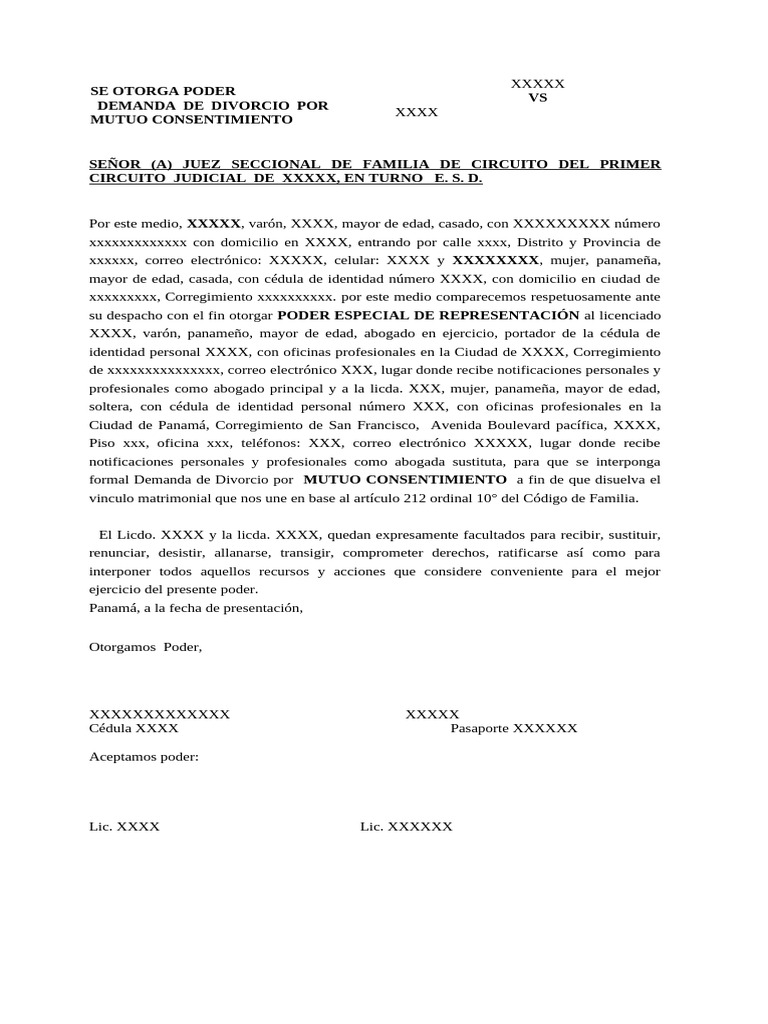 PODER_DEMANDA_DIVORCIOMUTUCONSENTIMIENTO_SINHIJOS | PDF | Divorcio | Documento de identidad