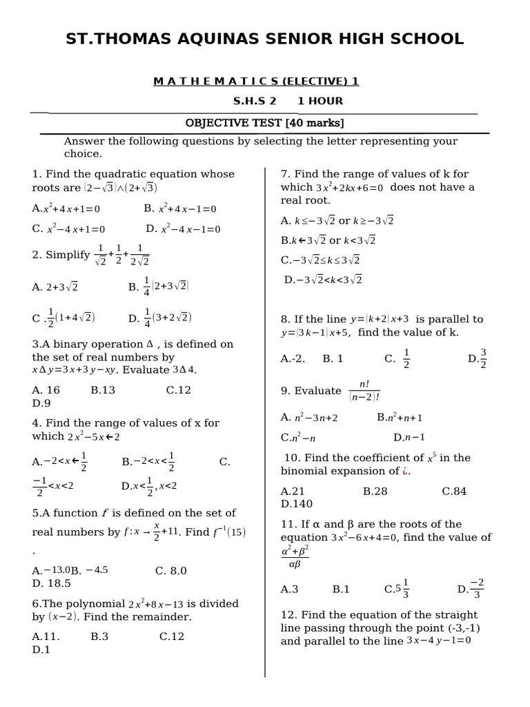 St. Thomas Aquinas High School Math Test | PDF | Elementary Mathematics ...