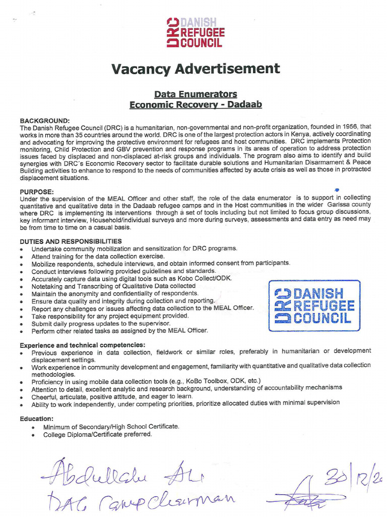 DRC Data Enumerator Advertisement 2025 | PDF