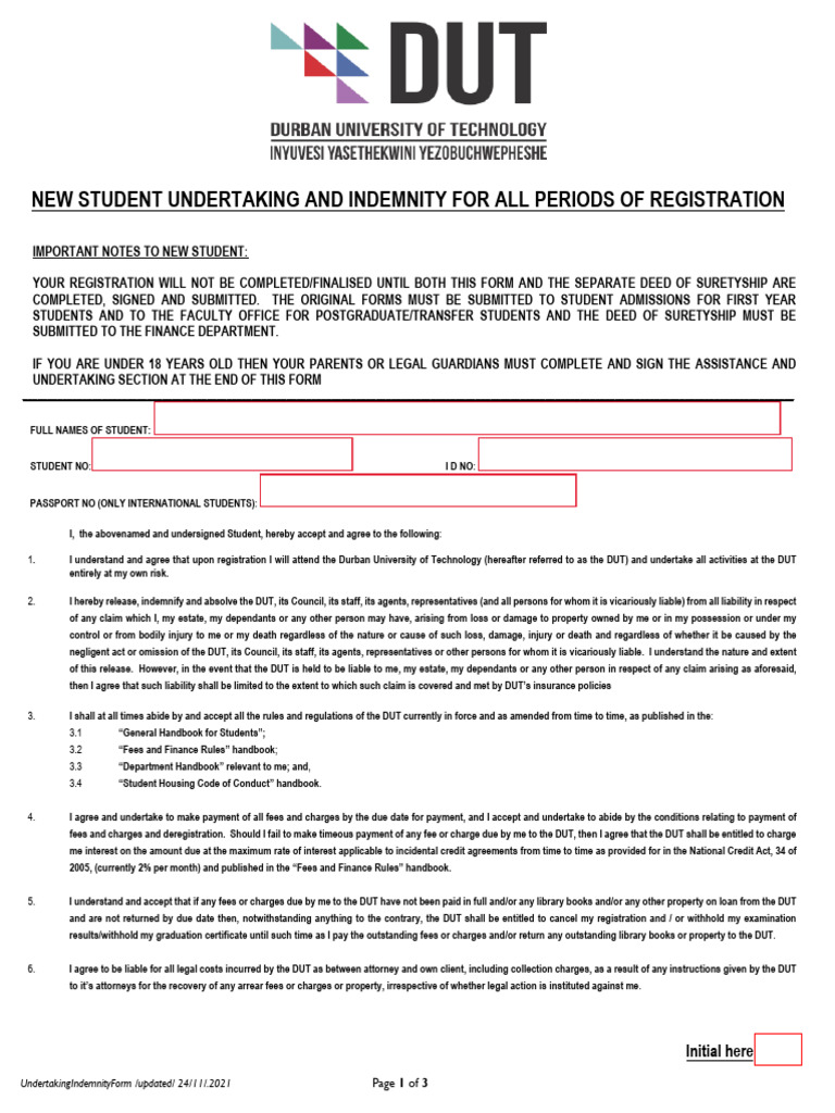 New Student Undertaking and Indemnity for All Periods of Registration 1 ...