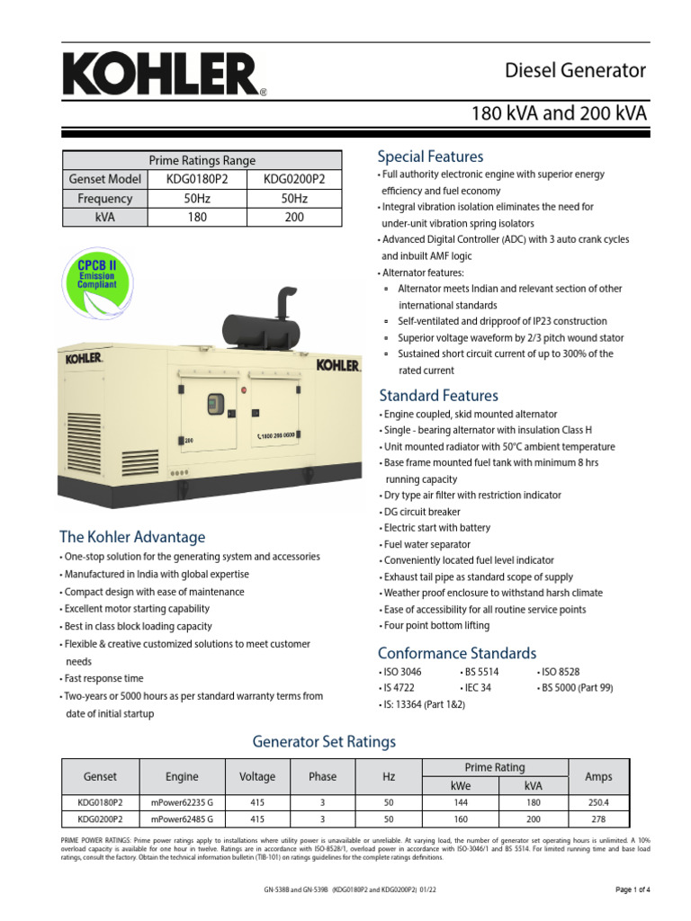 180_200kVA Spec Sheet | PDF | Engines | Power (Physics)