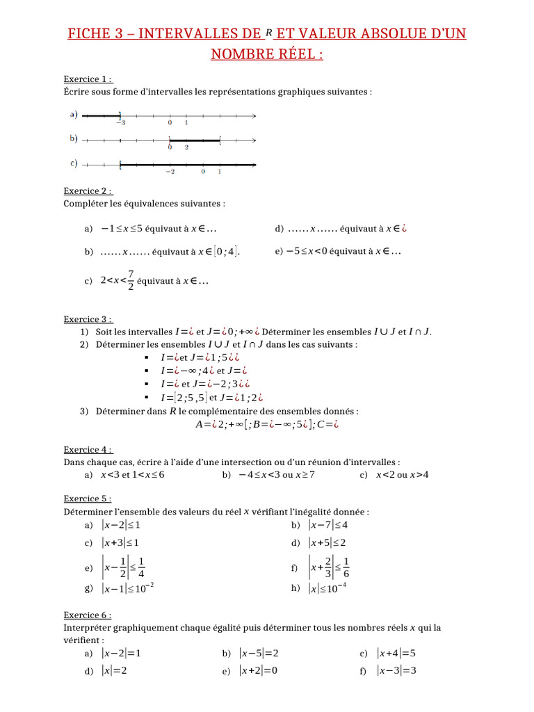Exercices sur intervalles et valeur absolue | PDF