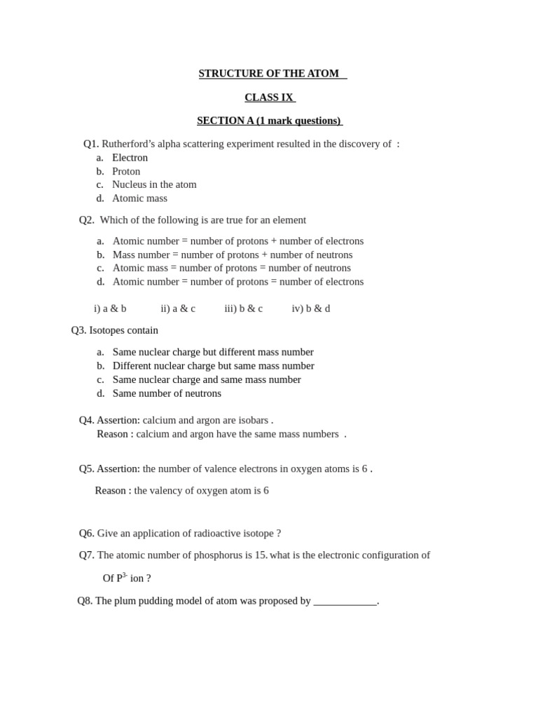 Structure of The Atom Class Ix | PDF | Atoms | Proton