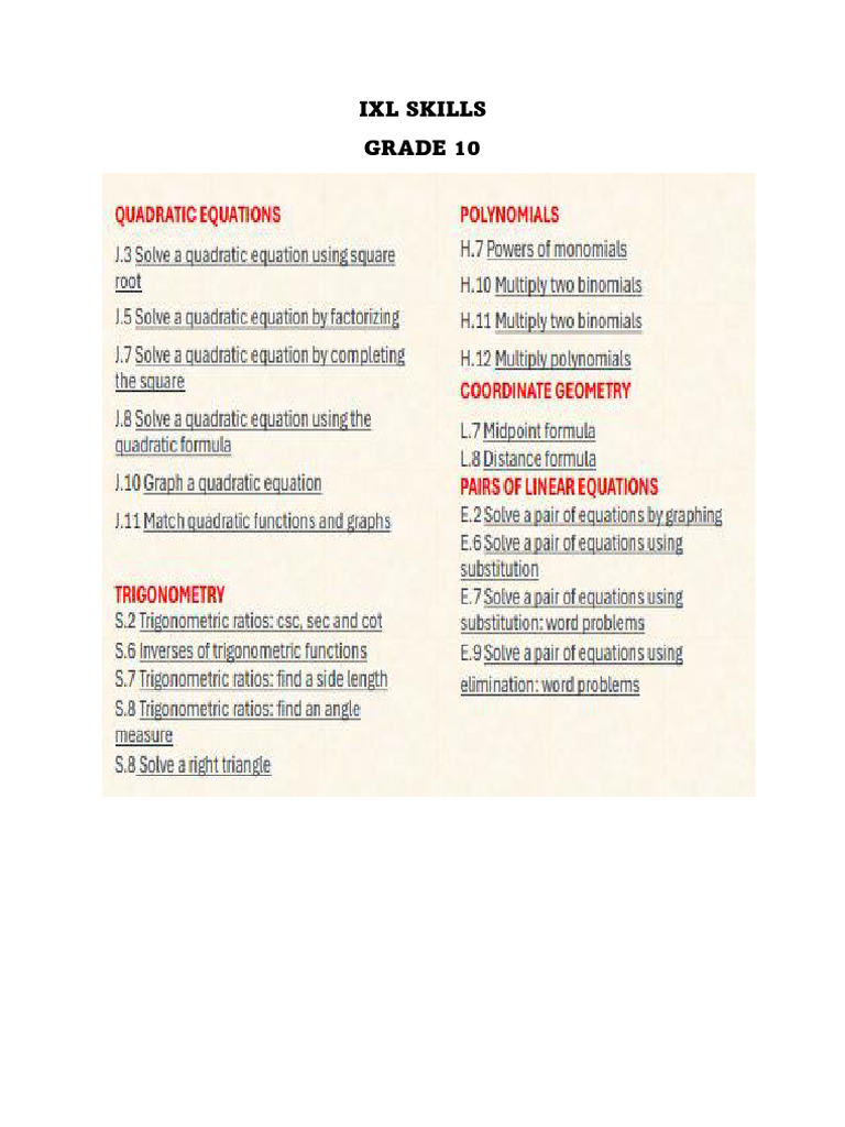 Grade 10 IXL Skills Overview | PDF