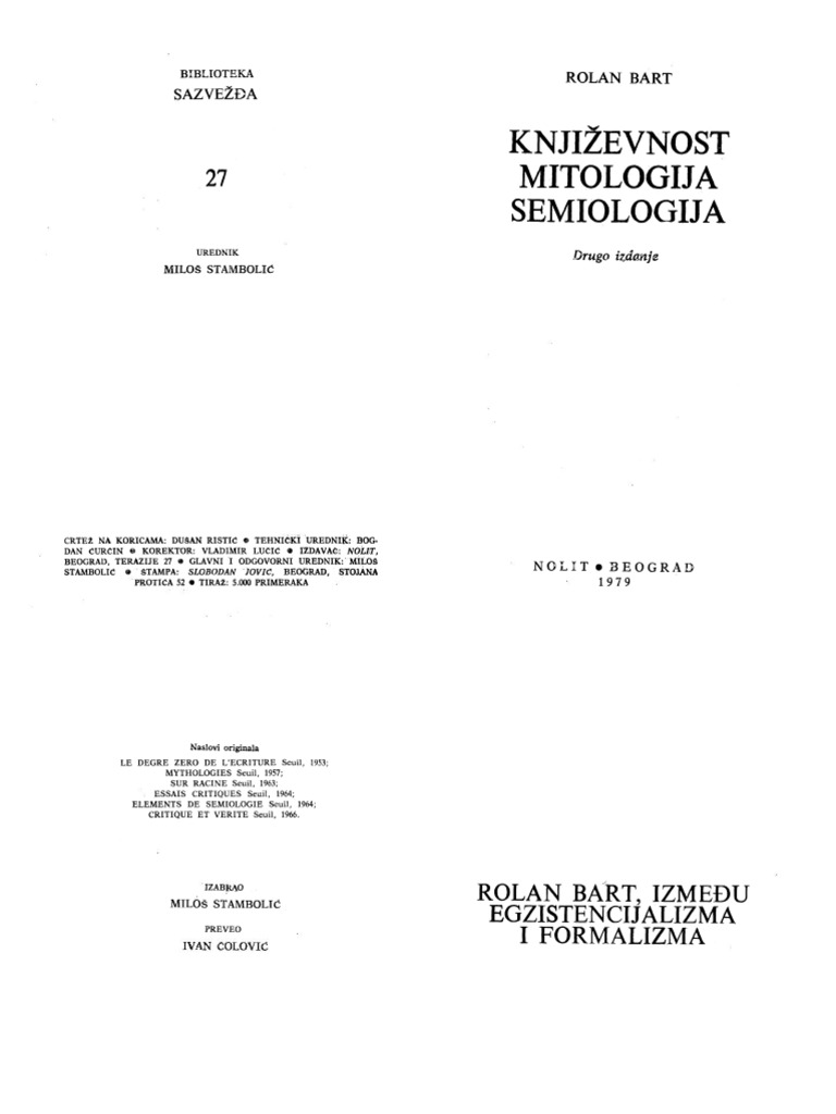 Bart, Rolan - Književnost, Mitologija, Semiologija | PDF