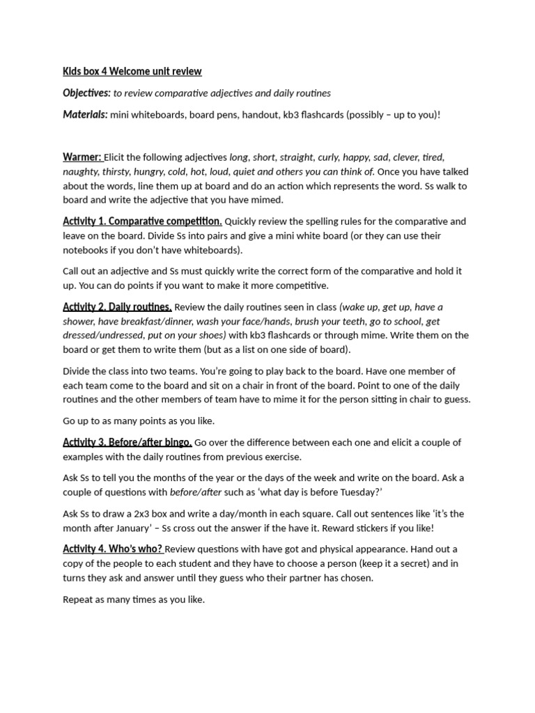 KB4 Welcome Unit Review Fri | PDF