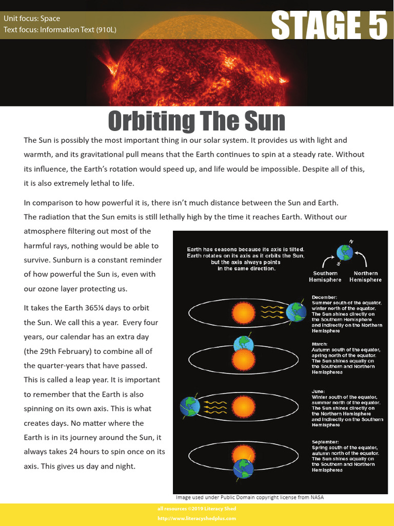 Orbiting The Sun Stage 5 Comp Comprehension Pack 1 | PDF | Earth | Sun