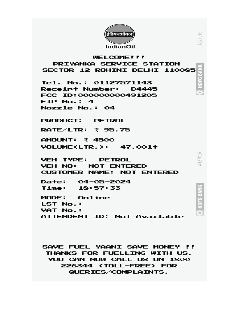 Petrol Receipt Priyanka Station Rohini | PDF