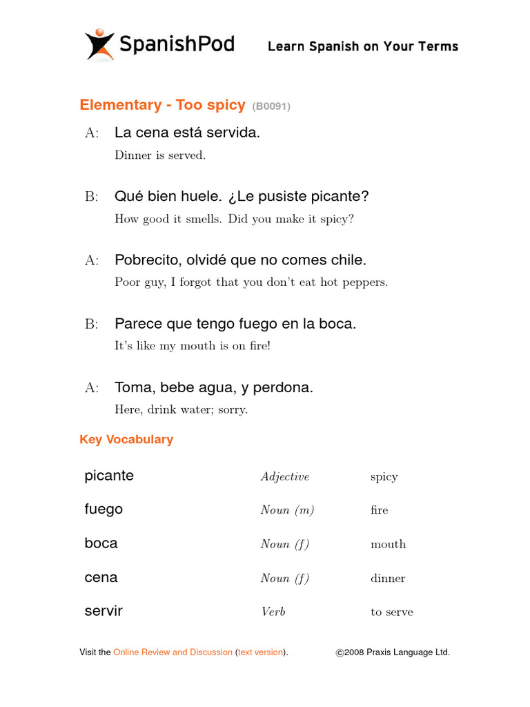 Spanish Lesson: Spicy Dinner Vocabulary | PDF