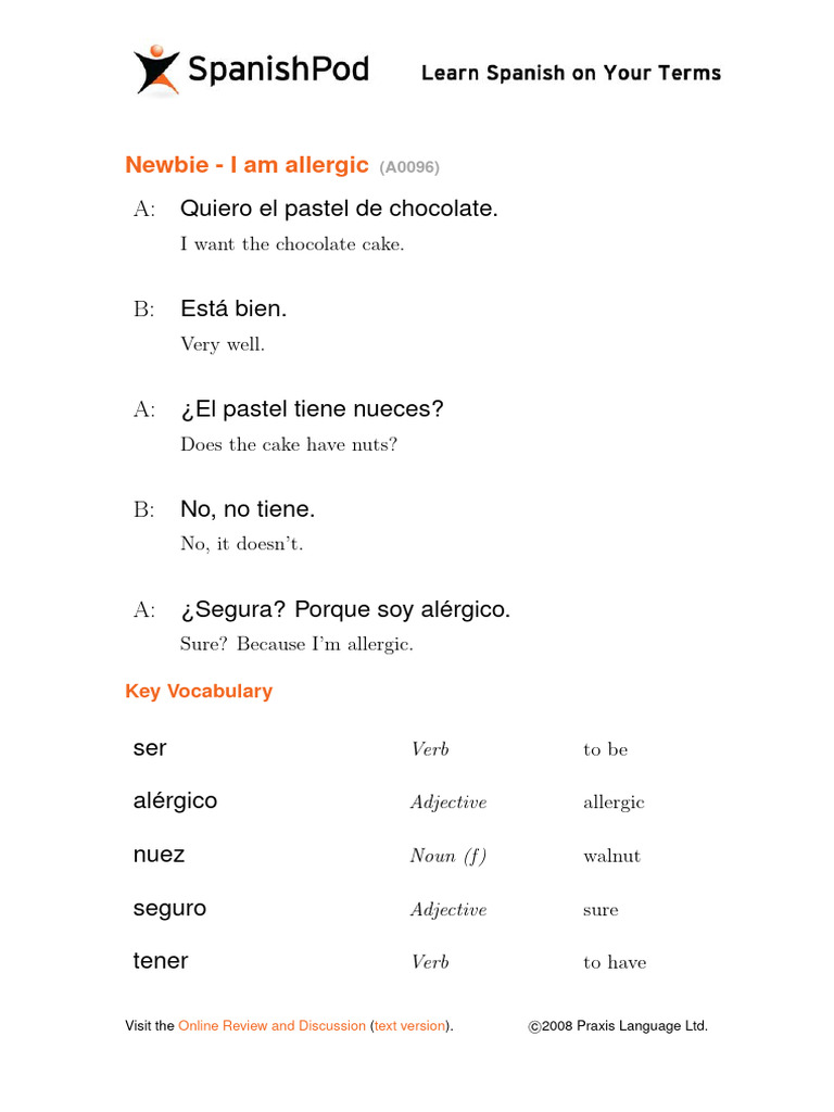 Spanish Allergy Vocabulary Lesson | PDF